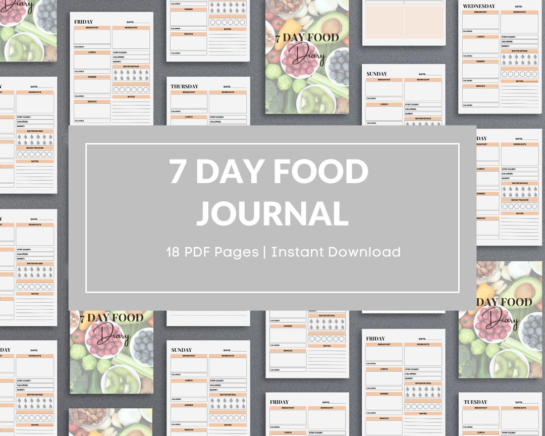 7-day Food Journal & Meal Planner PDF 18 Pages Instant Digital Download ...