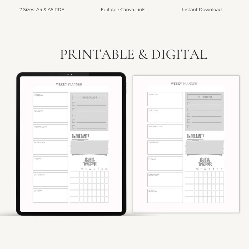 Undated Weekly Planner Template | Printable PDF A4, A5 | Fully Editable ...