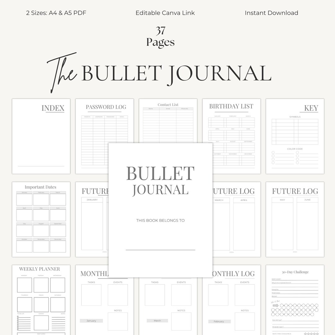 Editable Bullet Journal Template Bundle | 2026 Digital Planner | Yearly ...
