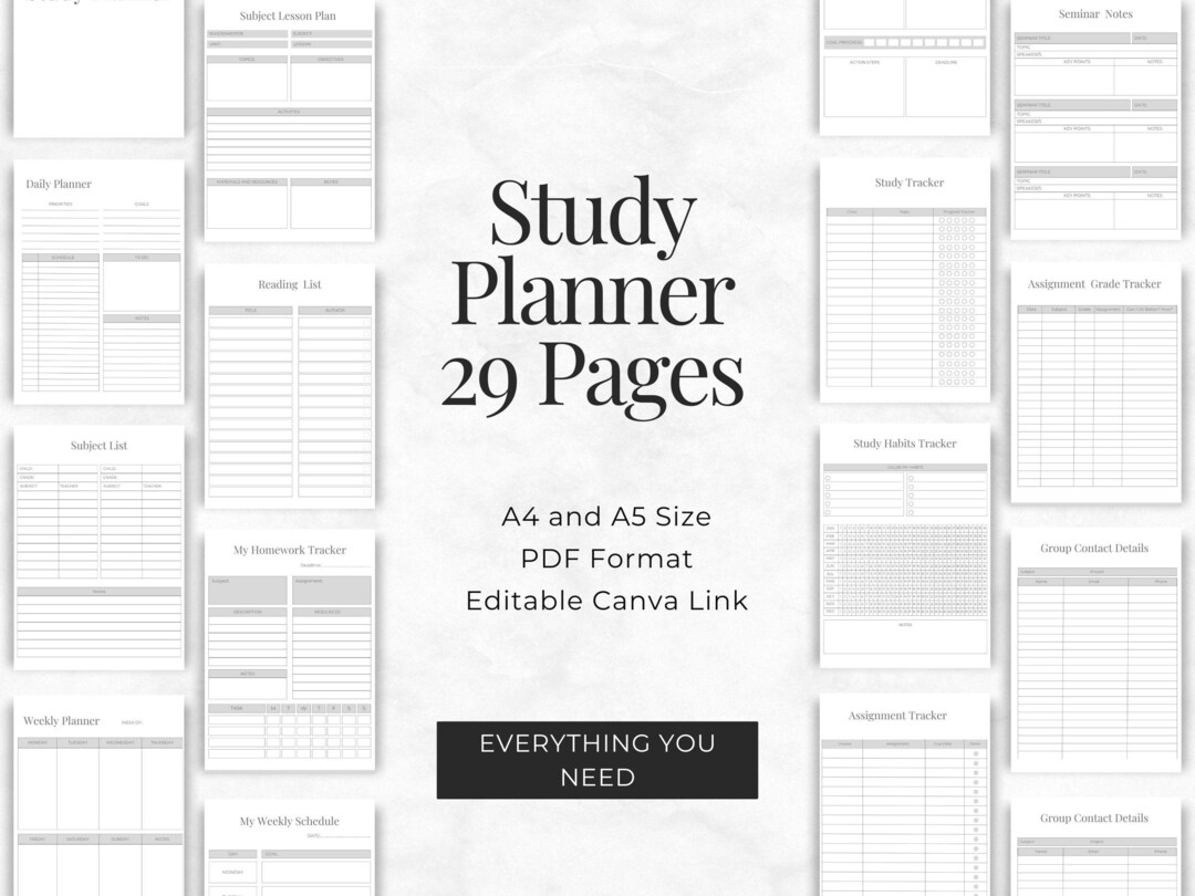 Study Planner Template | A4 A5 Printable PDF + Canva Link | Editable ...