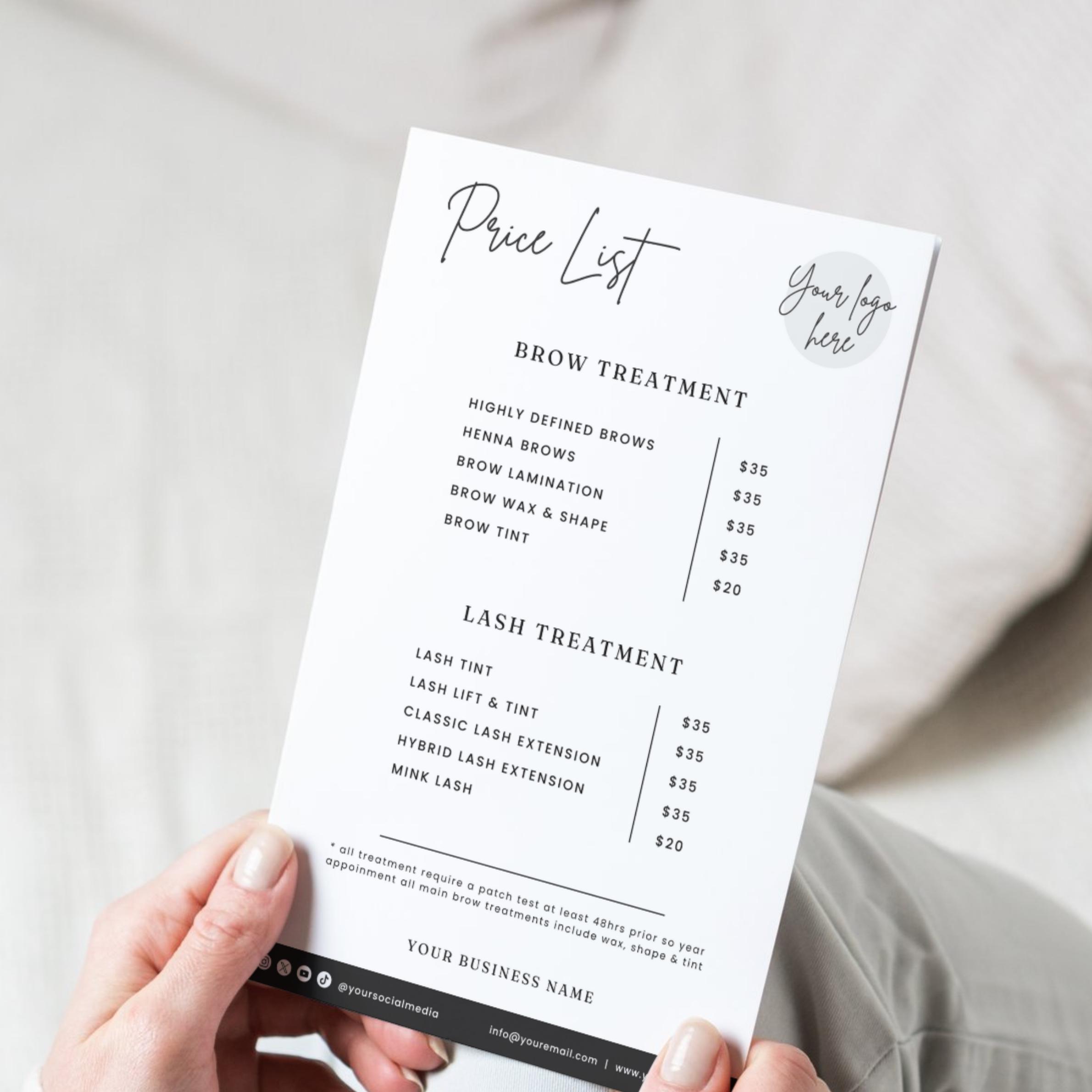 Brow Lash Price List Template Editable Canva | Salon Service Menu ...