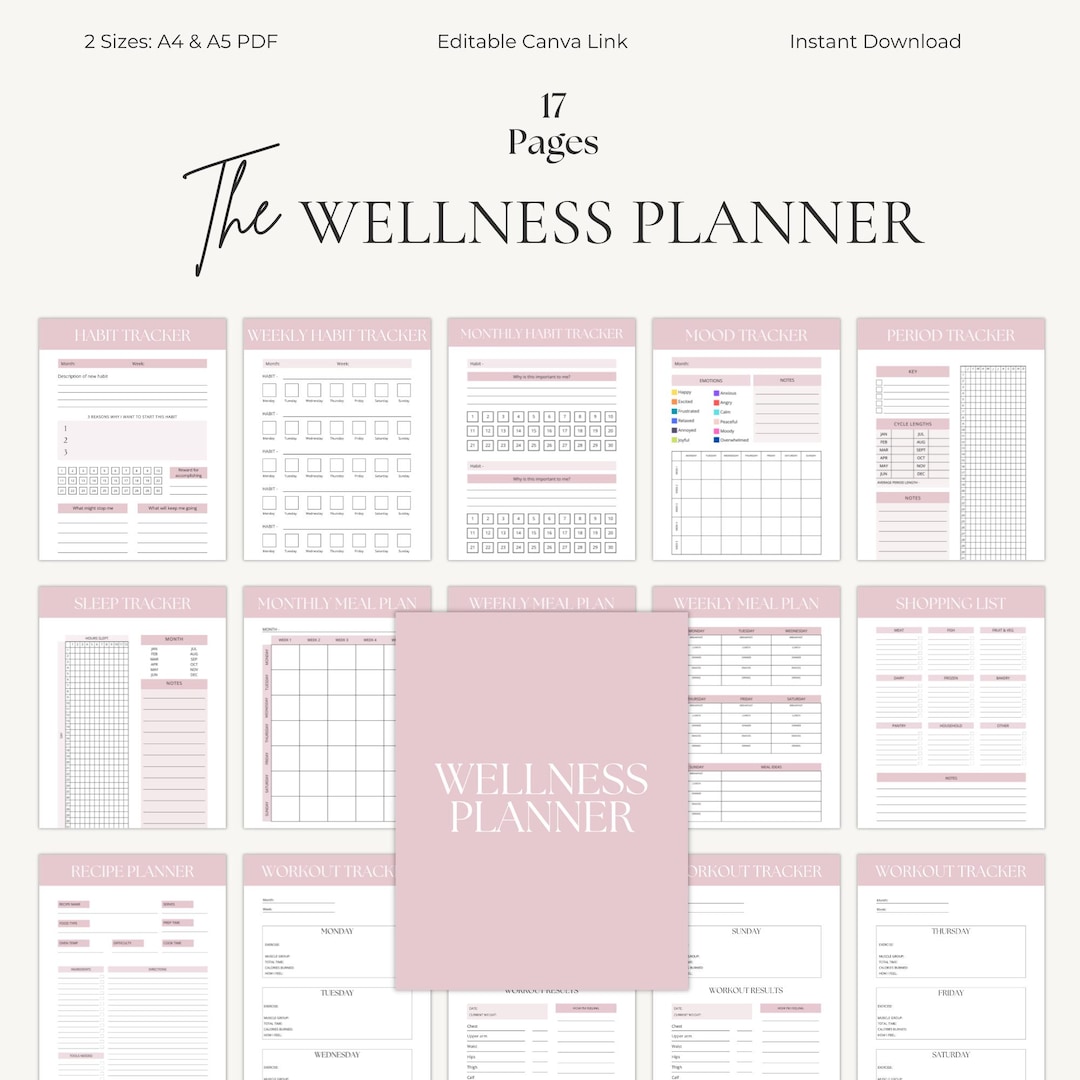 Wellness & Self Care Planner | Printable PDF A4, A5 | Fully Editable ...