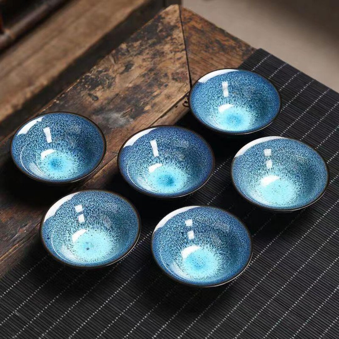 Starry Sky Temmoku Glaze Tea Cup Set 6pcs Exquisite Chinese Handmade ...