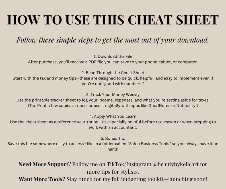 Hairstylist's Tax & Money Cheat Sheet (digital Download) - Etsy