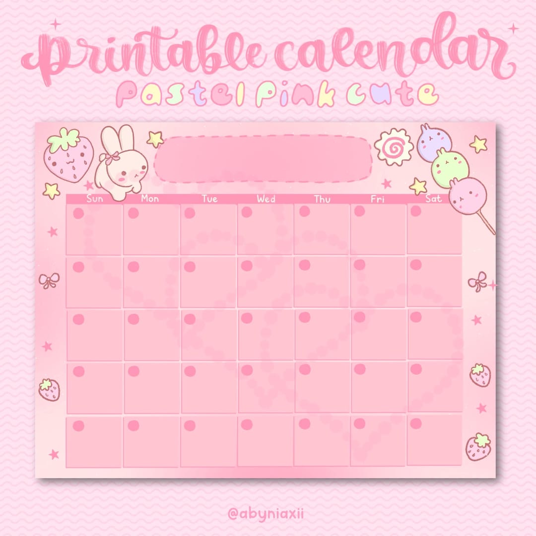 Pastel Strawberry Bunny Kawaii Pink Printable Calendar / Cute Printable ...