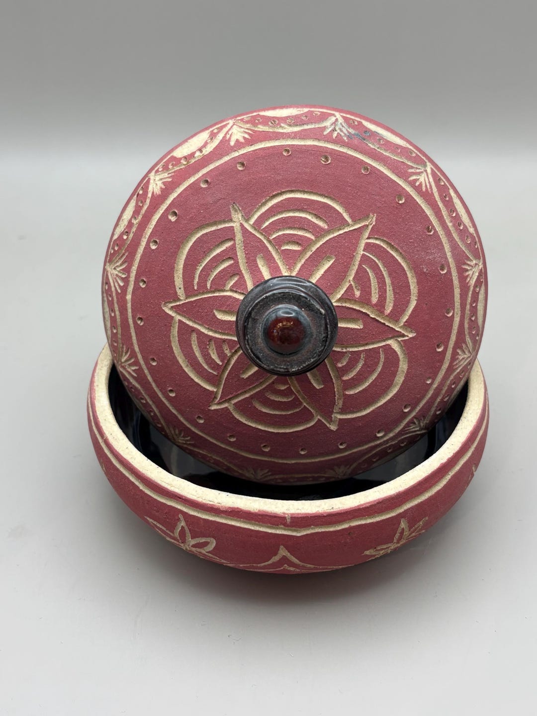 Moroccan Carved Container – Matte Red Ceramic Jar With Black Knob ...
