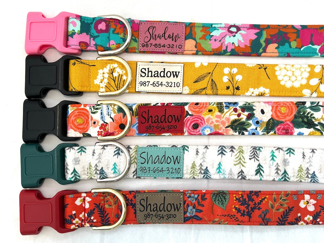 Floral Dog Collar, Engraved Pleather ID Tag, Personalized Puppy Collar ...
