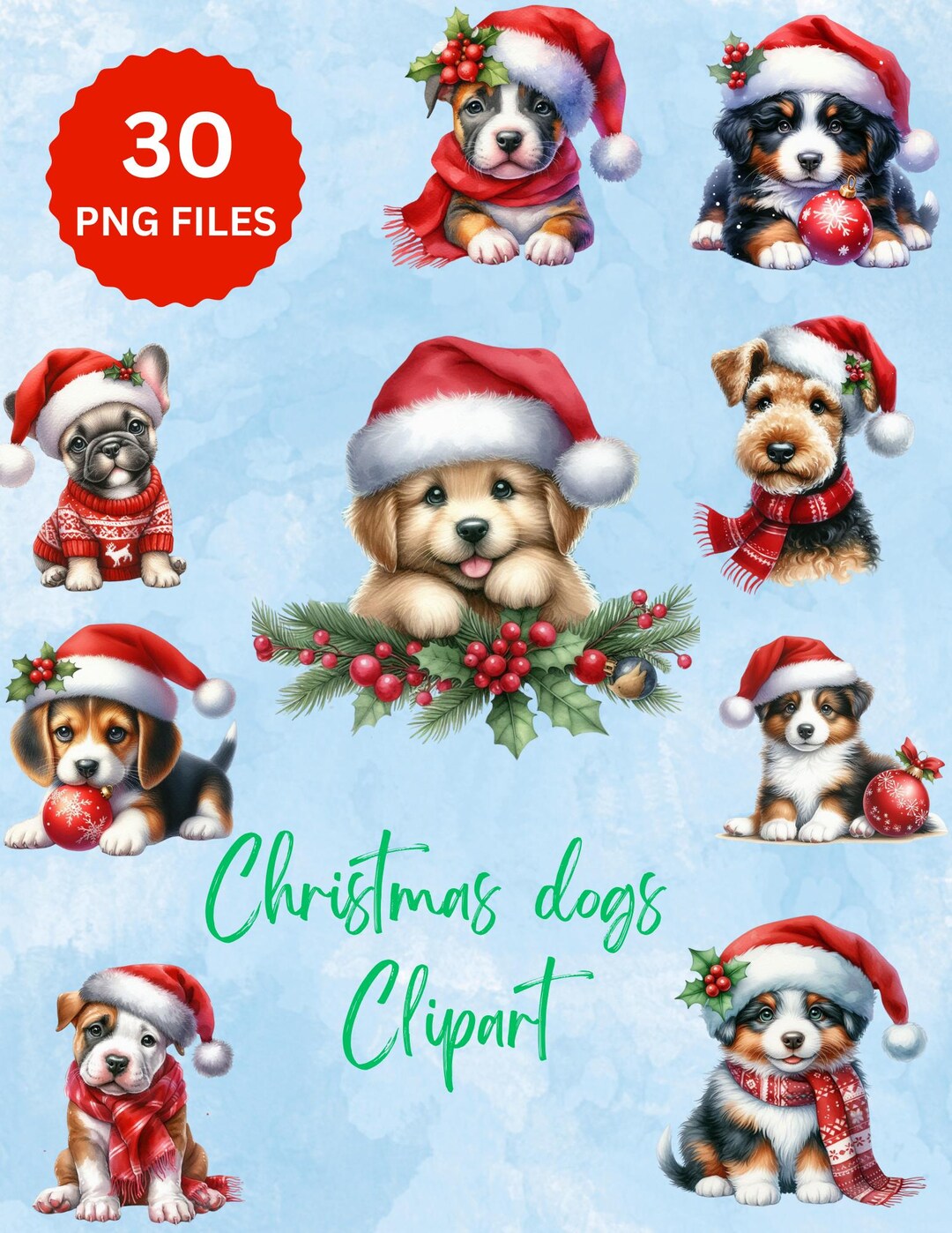Christmas Dogs Clipart Bundle 50 High Quality PNG, Digital Paper ...
