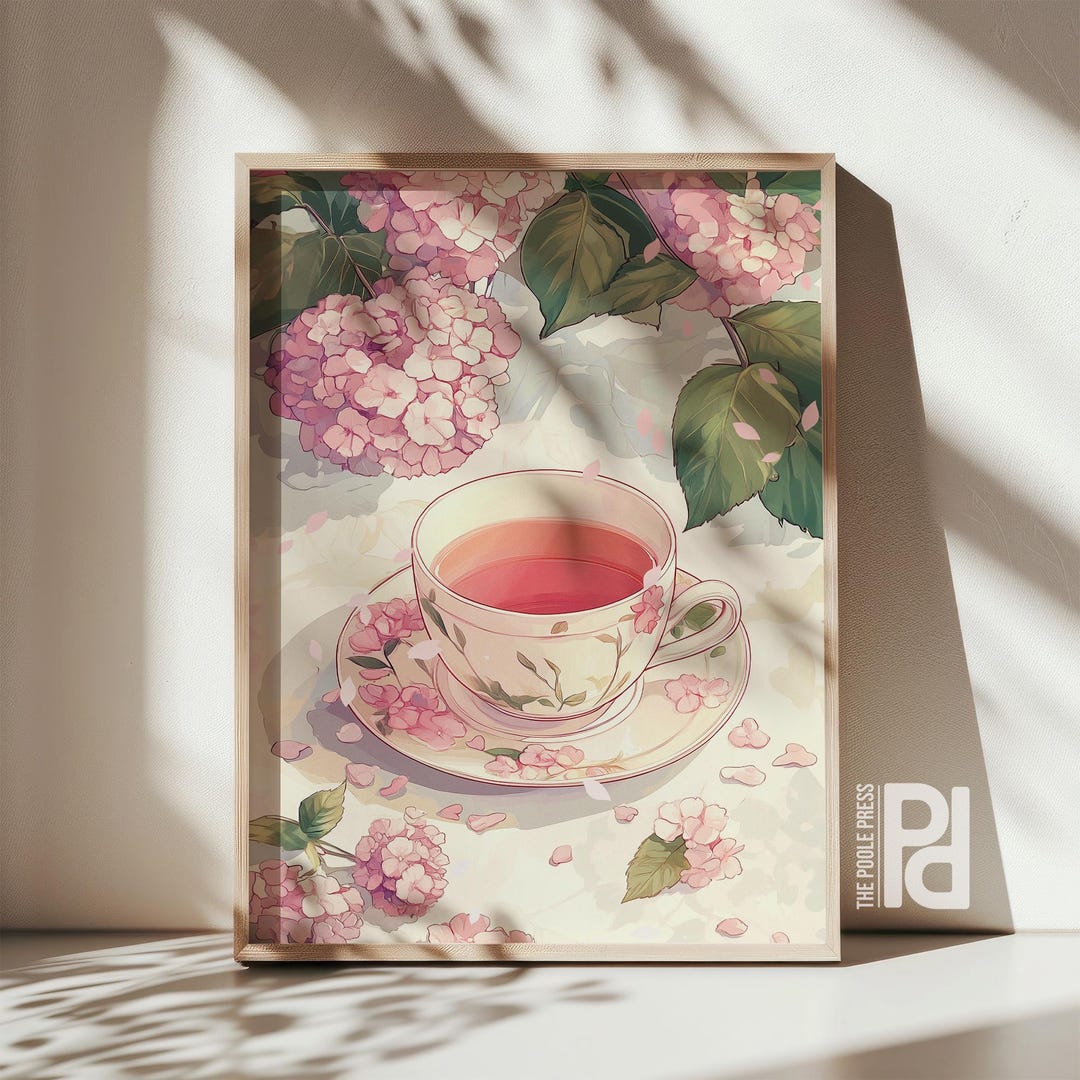 Sakura Tea Cup Print Digital Art Game Room Art Print Cozy Home Decor ...