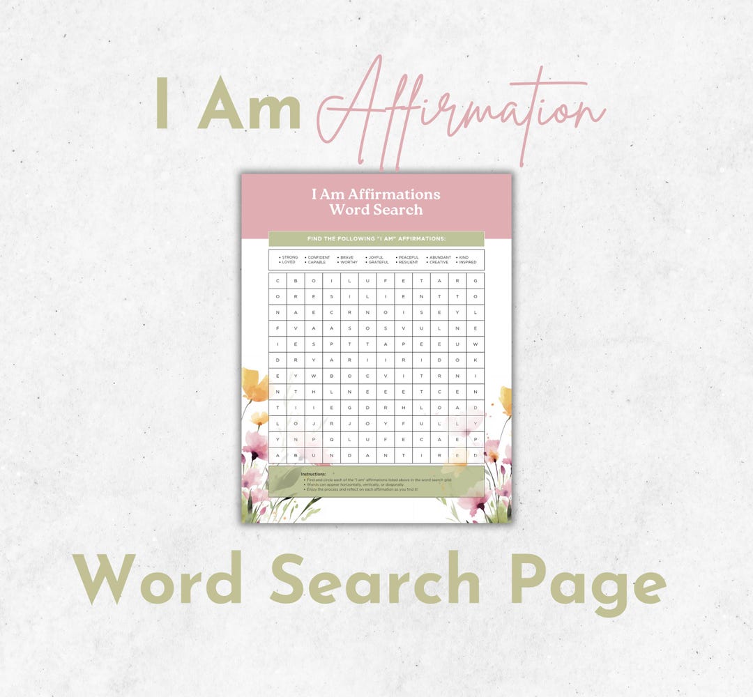 I Am Affirmation Word Search Printable Positive Thinking Puzzle Self ...