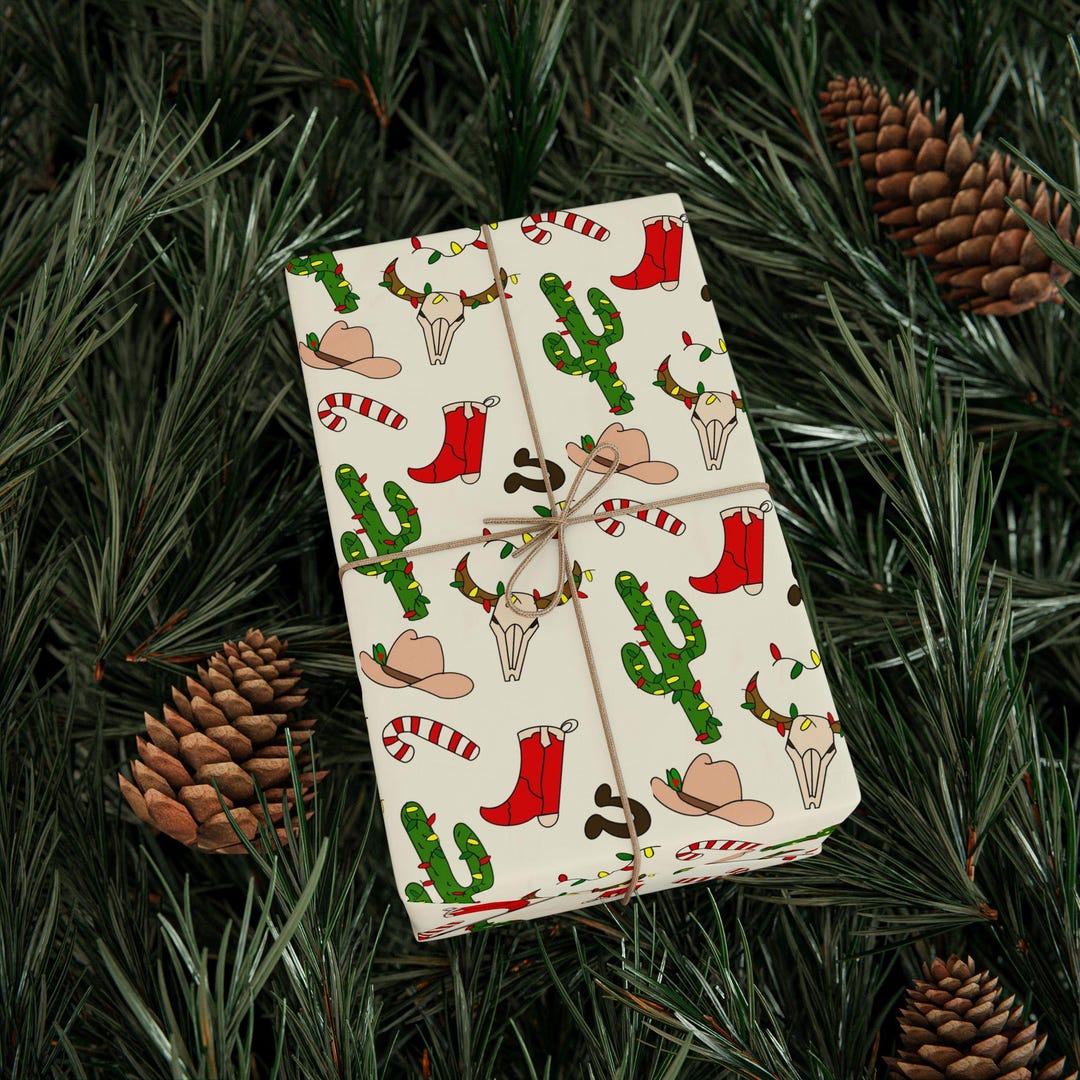 Christmas Cowboy Wrapping Paper Western Holiday Gift Wrap With Cacti ...