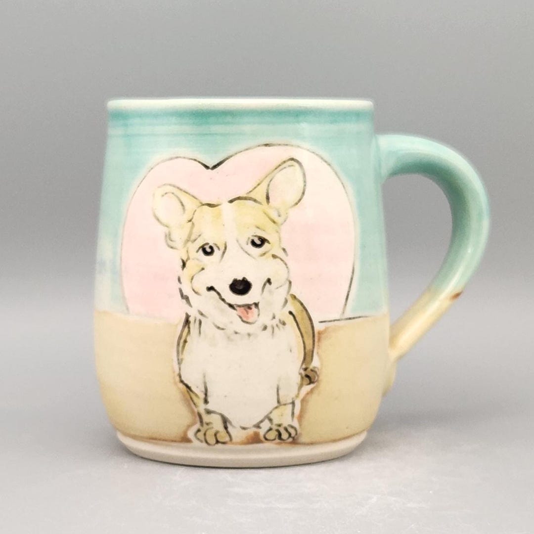 14 Ounce Happy Corgi Mug: Handmade, Handpainted Wheel-thrown Ceramic ...
