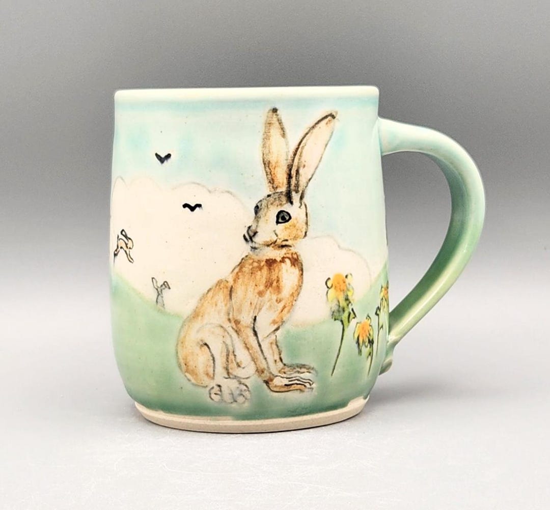 16 Ounce Mug With Rabbits in a Summery Landscape: on a Handmade ...