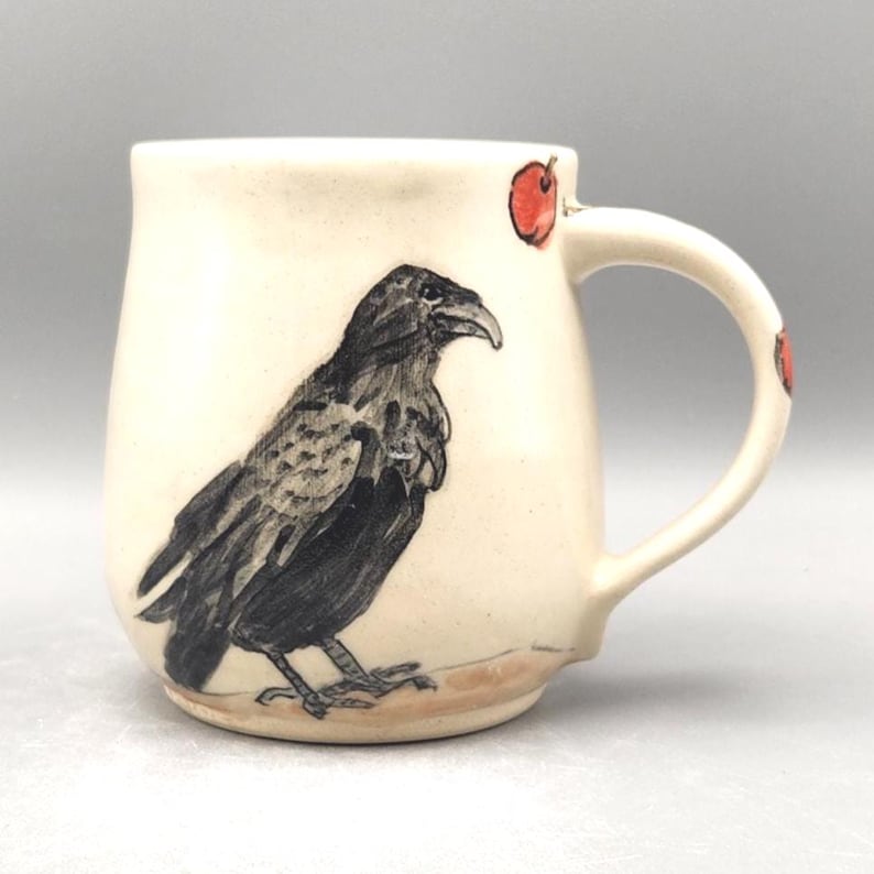 16 Ounce Handmade Ceramic Mug With Handpainted Raven and Cherries - Etsy