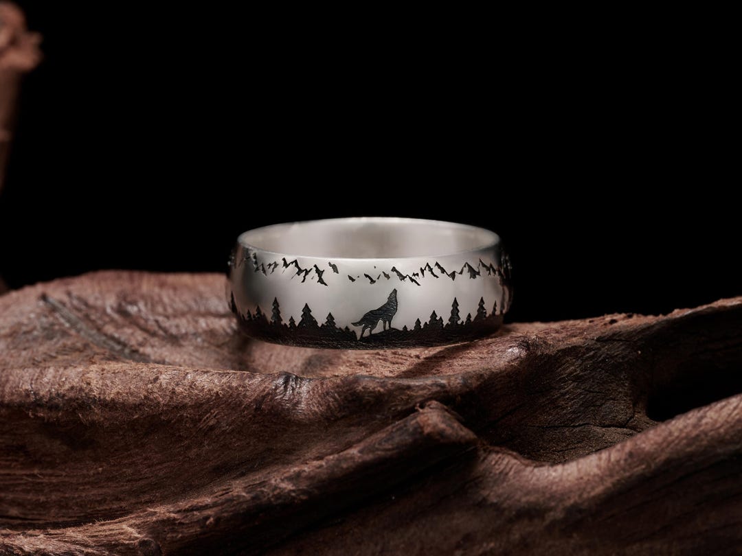 Silver Wolf Band for Him,men's Wolf Ring,twilight Wedding Band,wildlife ...