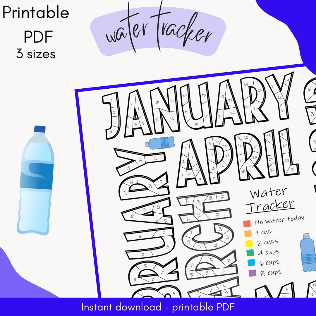 Water Tracker, Coloring Sheet Habit Tracker. Printable PDF in Three ...