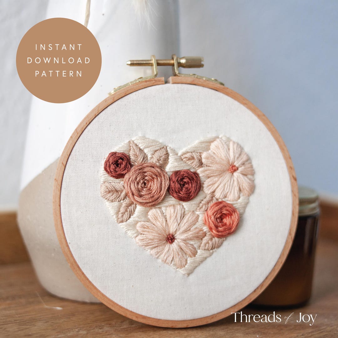 Floral Heart Embroidery Pattern: Modern Flower Stitch Guide (PDF ...