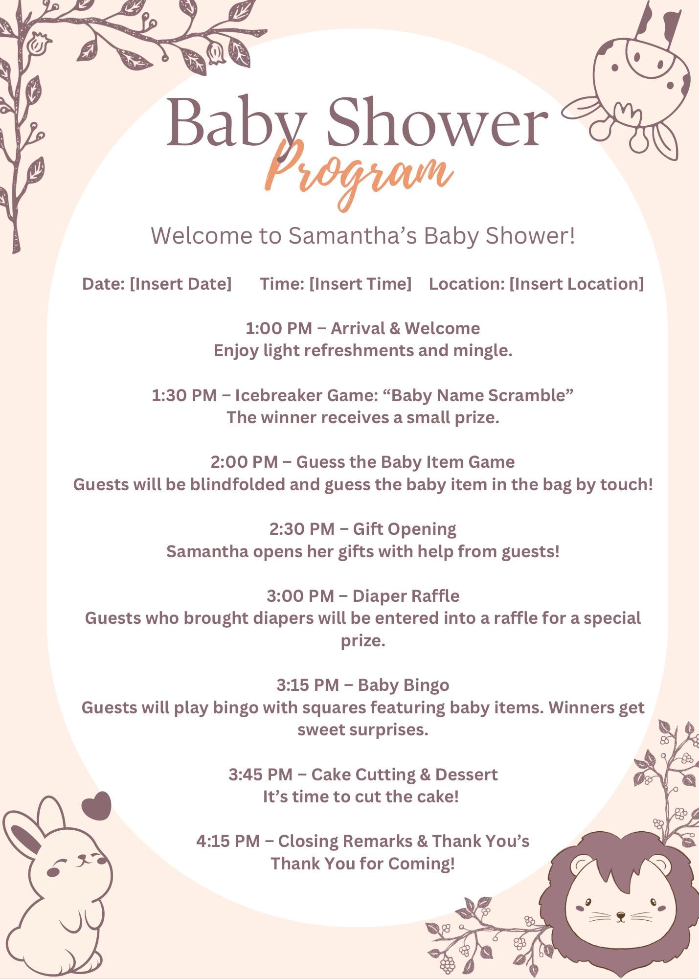 Baby Shower Program Agenda Itinerary AND Invitation, Thank You Card ...