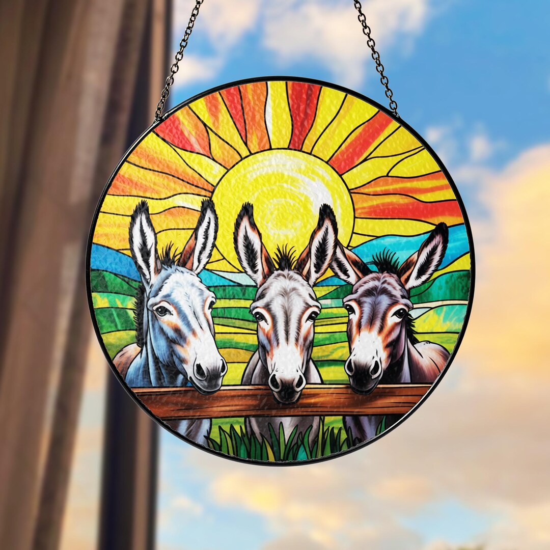 3 Donkeys Peeking Glass Suncatcher Hanging, Funny Donkey Window Decor ...