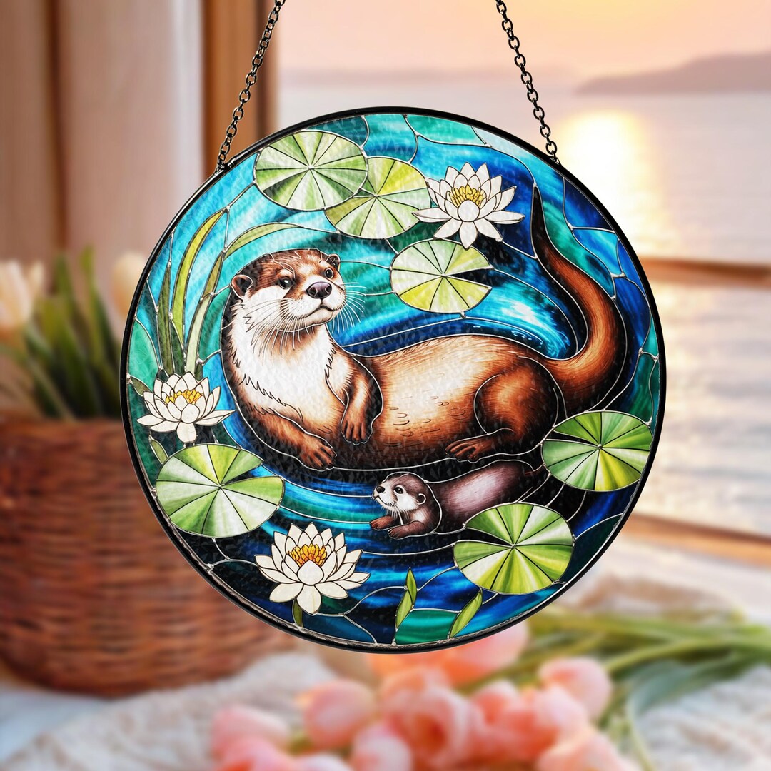 Swimming Otter Stained Glass Suncatcher, Funny Otter Glass Decor, Otter ...