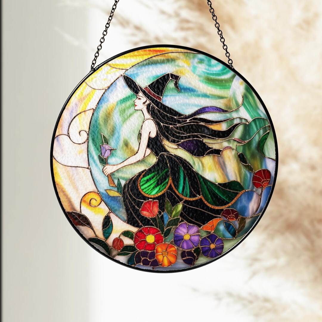Witch and Moon Acrylic Window Hanging, Halloween Suncatcher Ornament ...