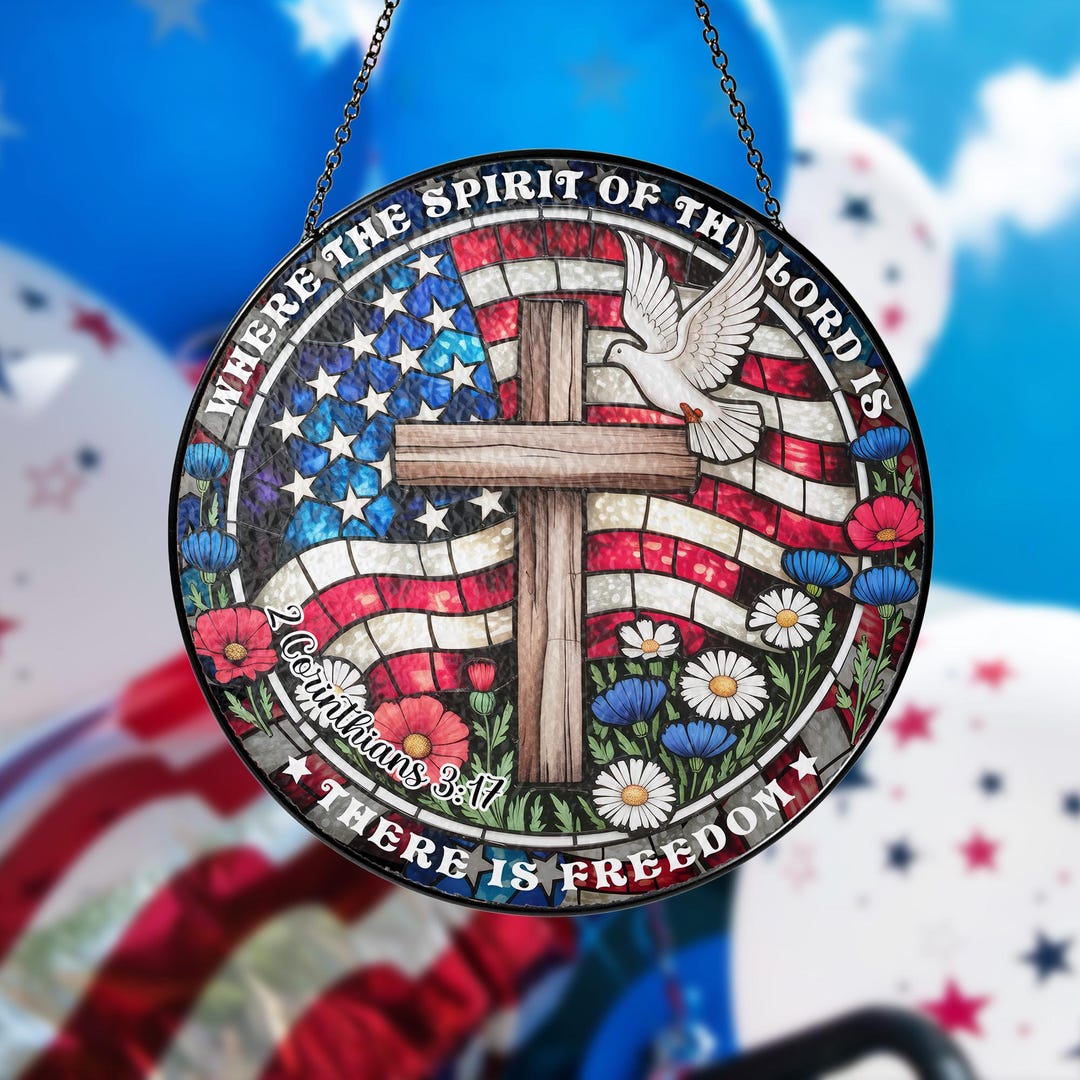 Christian 4th of July Suncatcher, Patriotic Wildflower Cross Stained ...