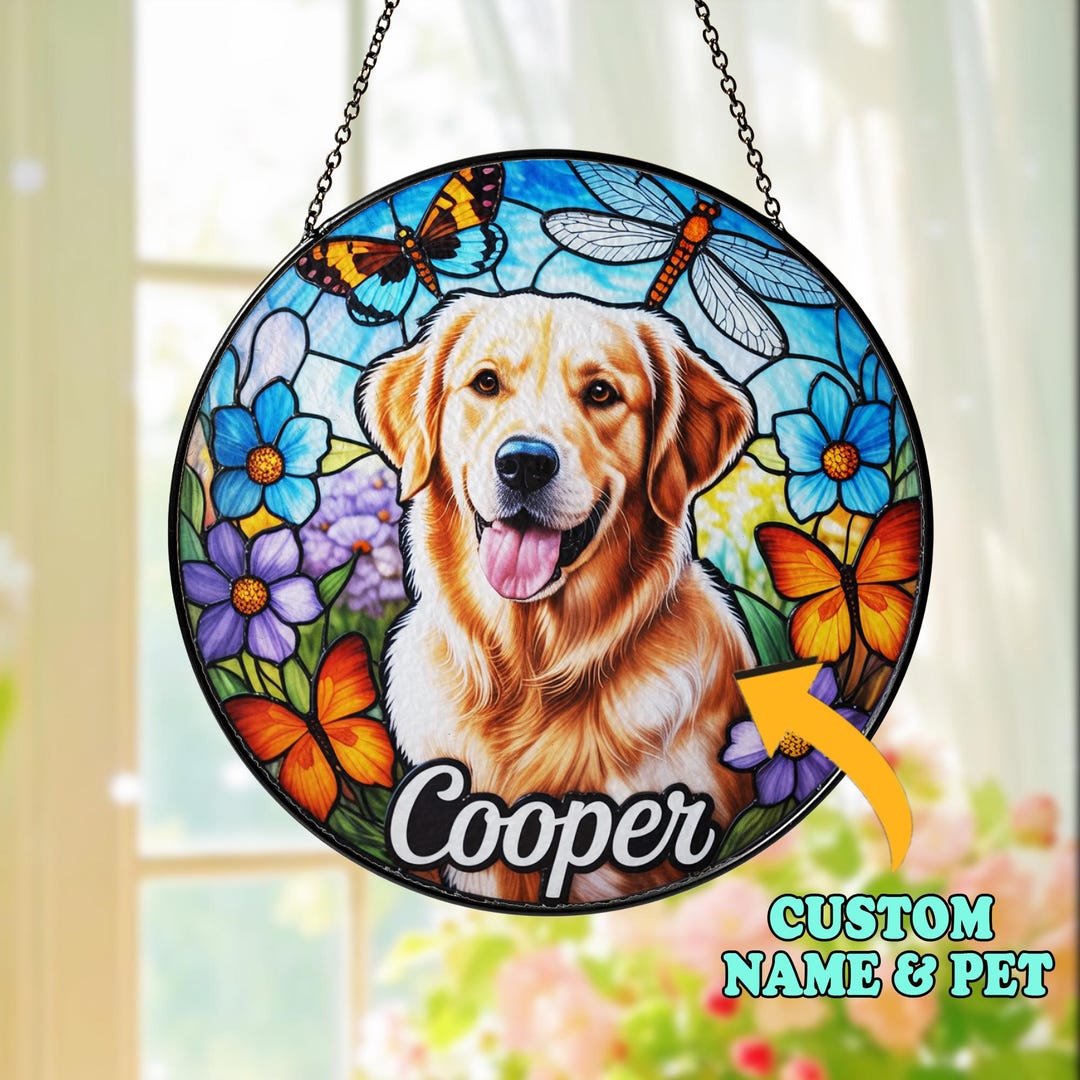 Custom Pet Portrait Stained Glass Suncatcher, Stained Glass Dog ...