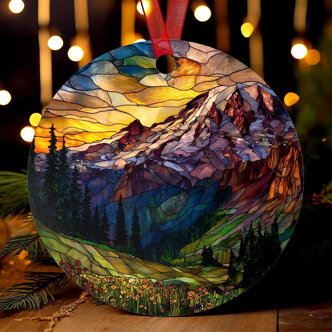 Mount Rainier Ornament | Stained Glass Style | Sunset Mountain ...