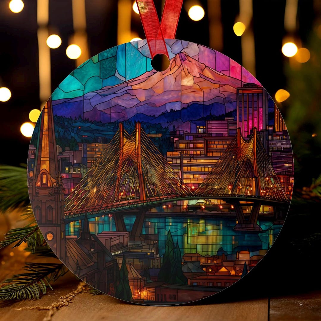 Portland Oregon Ornament | Stained Glass Style | Tilikum Bridge & Mount ...