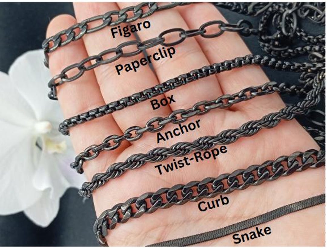 Personalized Black Chain Necklace: Stainless Steel Figaro, Curb, Box ...