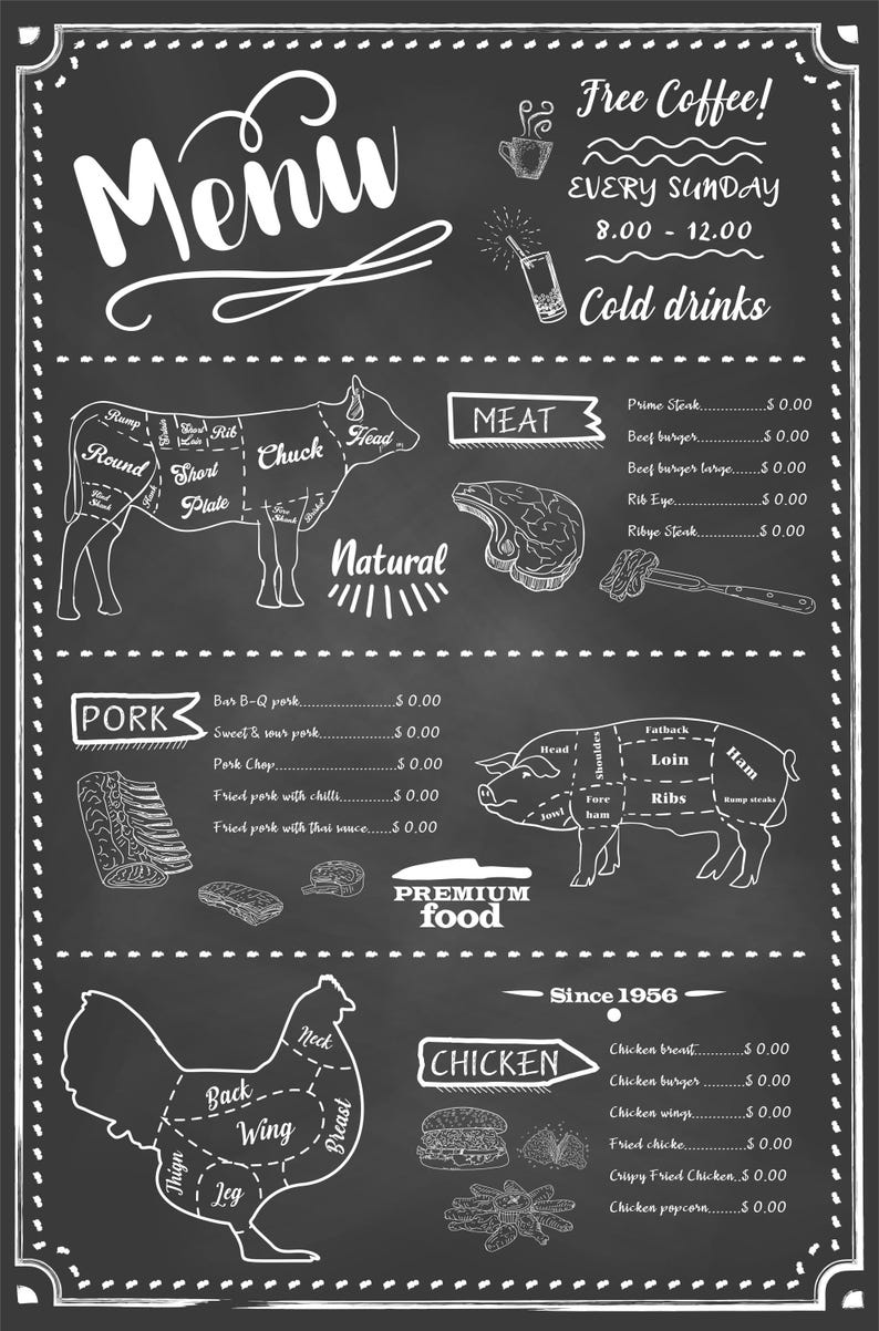 Chalk Hand Drawn Restaurant Menu. Chalkboard Menu Template. Vector ...