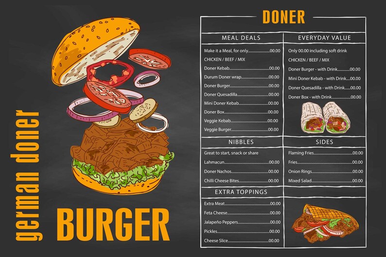 Chalk Hand Drawn Doner Kebab Restaurant Menu. Chalkboard Menu Template ...