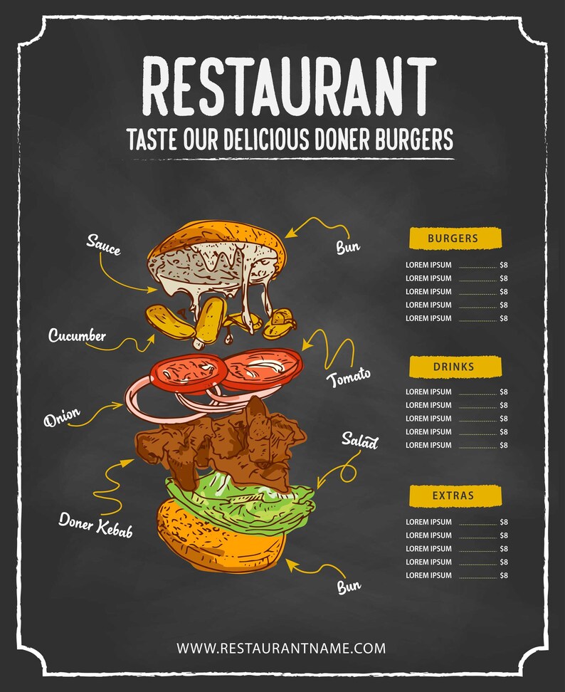 Chalk Hand Drawn Doner Kebab Restaurant Menu. Chalkboard Menu Template ...
