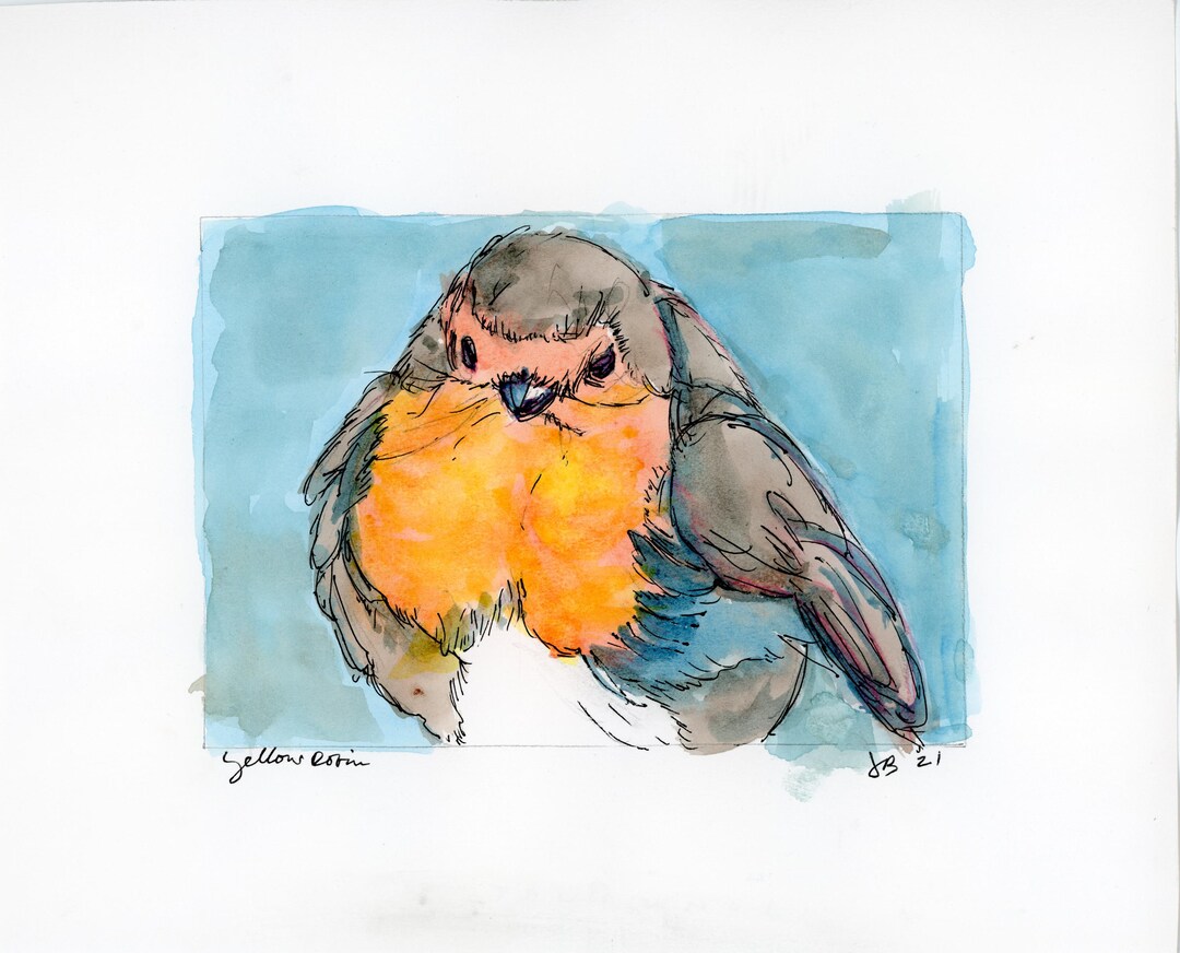 Puffy Yellow Robin in the Neighborhood, Watercolor Robin Painting ...