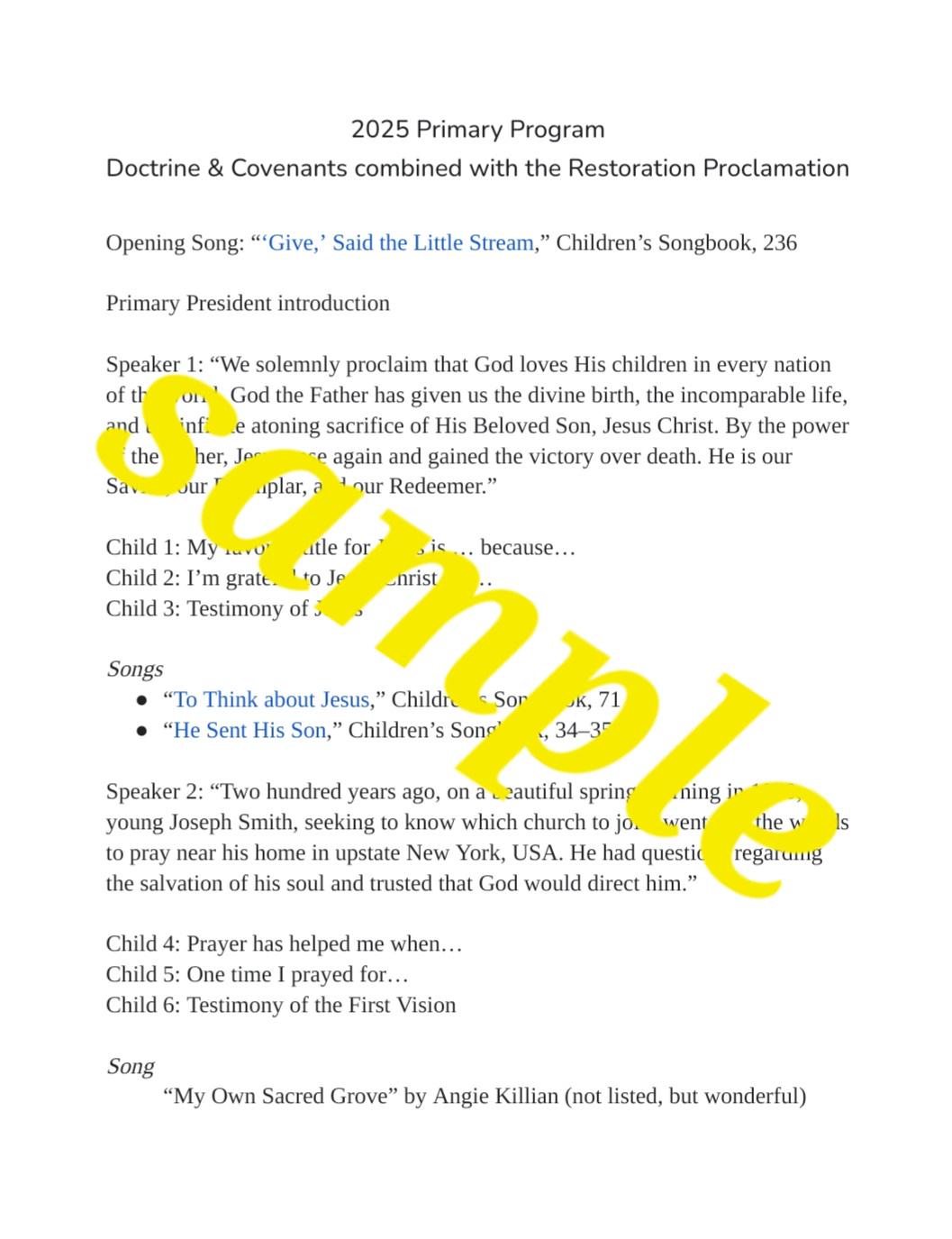 2025 Editable D&C Sacrament Primary Presentation Program Outline Script ...