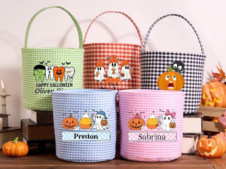 Personalized Halloween Trick or Treat Basket, Custom Kids Canvas Bucket ...