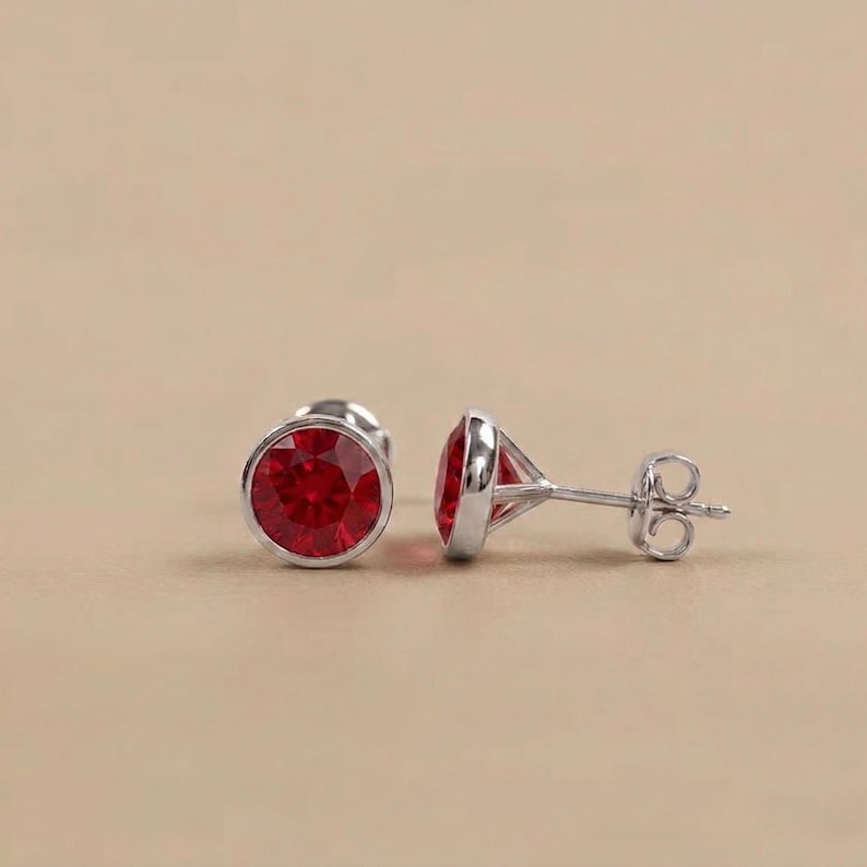 Round Ruby Lab Gemstone Stud Earrings, 14K Yellow Gold Bezel Set Women ...