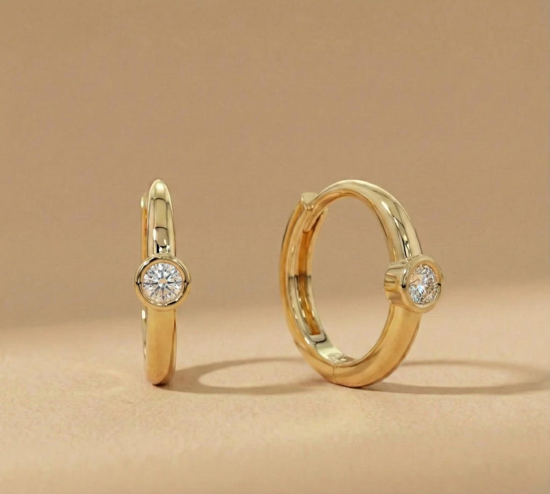 Solid Gold Huggies, Diamond Small Huggies, Dainty 14k Gold Hoop Earrings, Diamond Hoops, Bezel ...