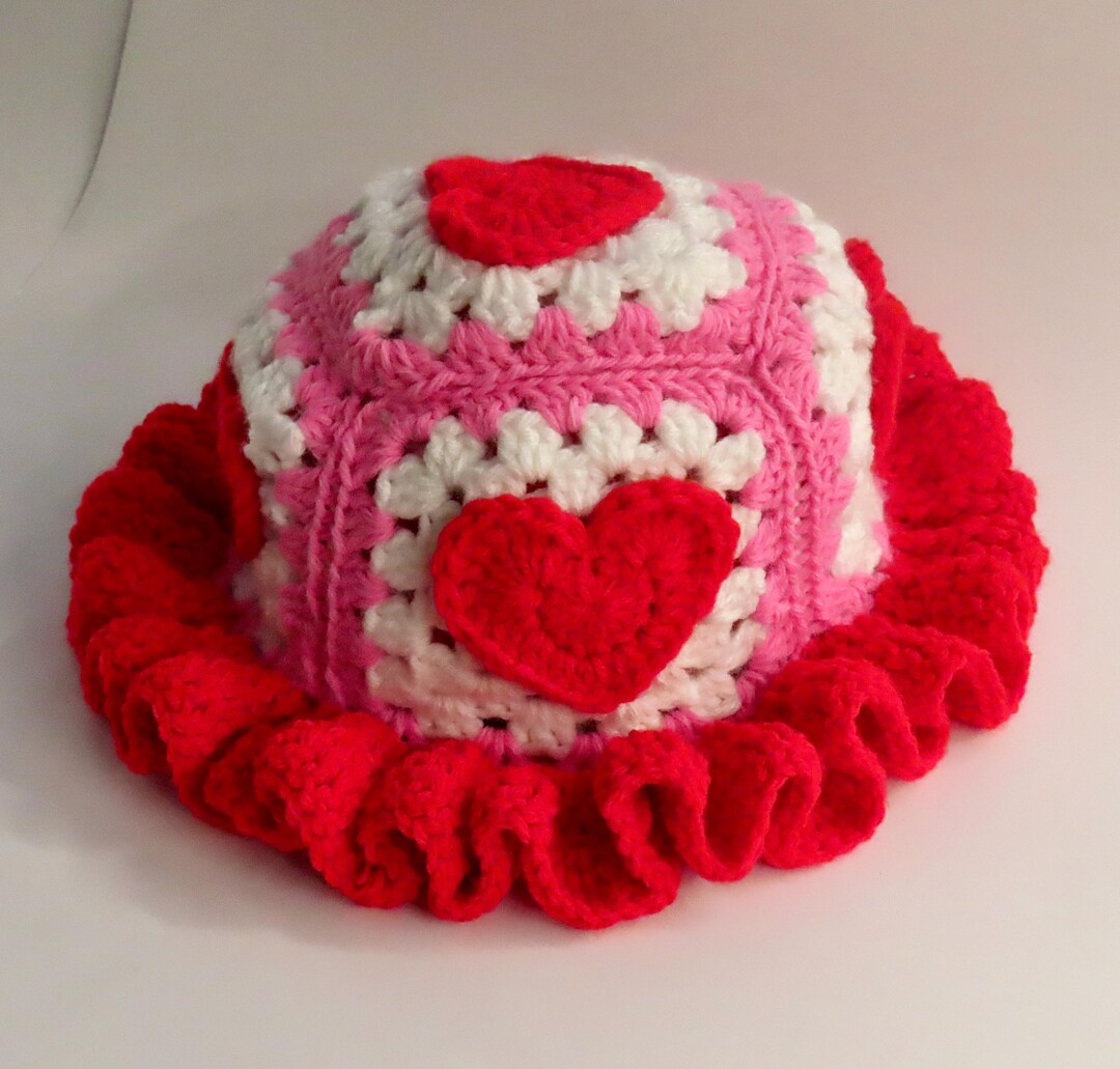 Sweetheart Ruffle Bucket Hat, Crochet Granny Square Bucket Hat With ...