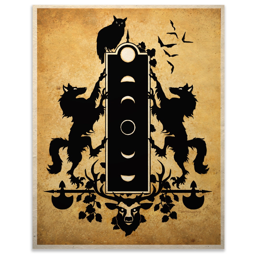 Gothic Decor Moon Phases Art Print Wolf Owl Stag Bats Lunar - Etsy