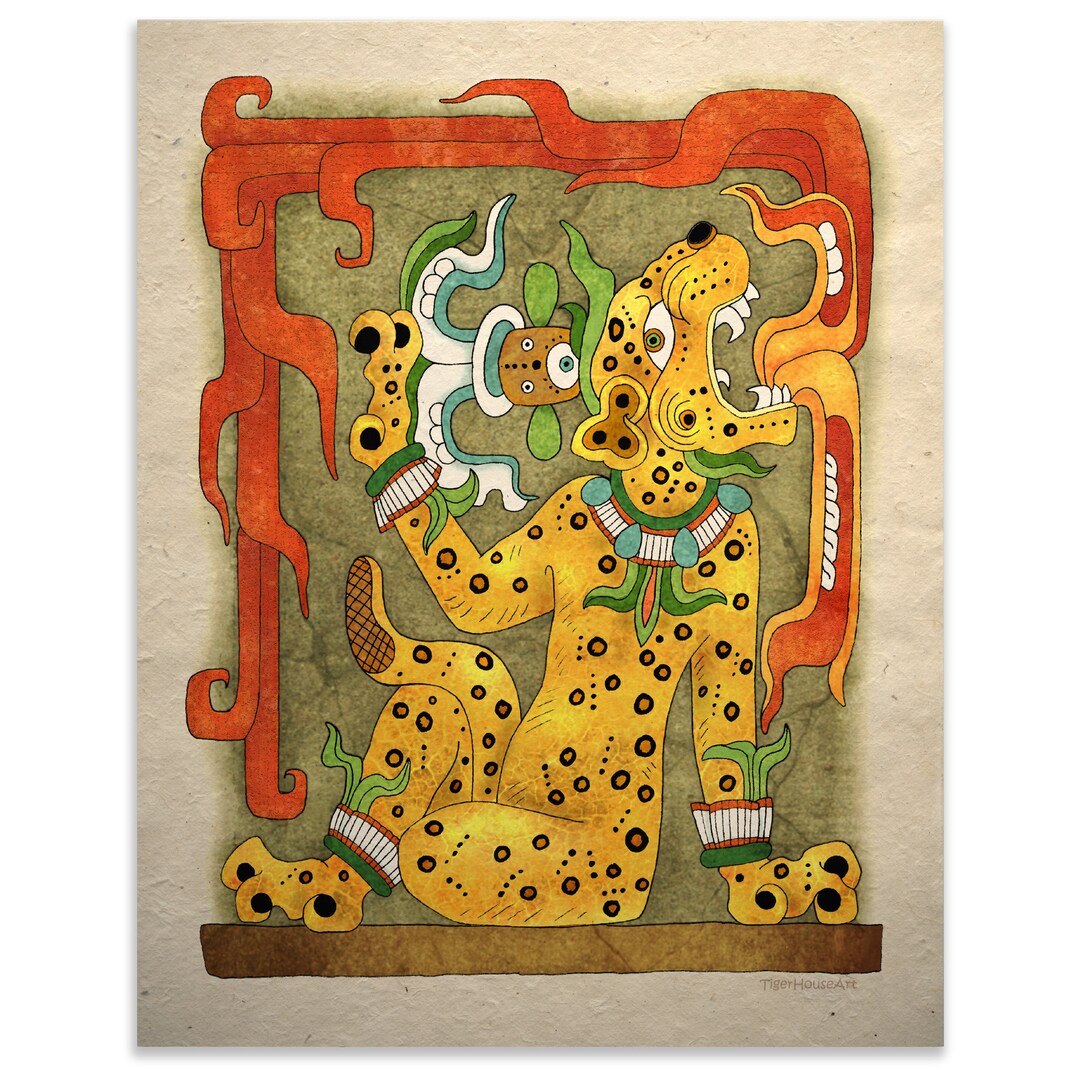 Lámina de arte maya Dios Jaguar - Etsy México
