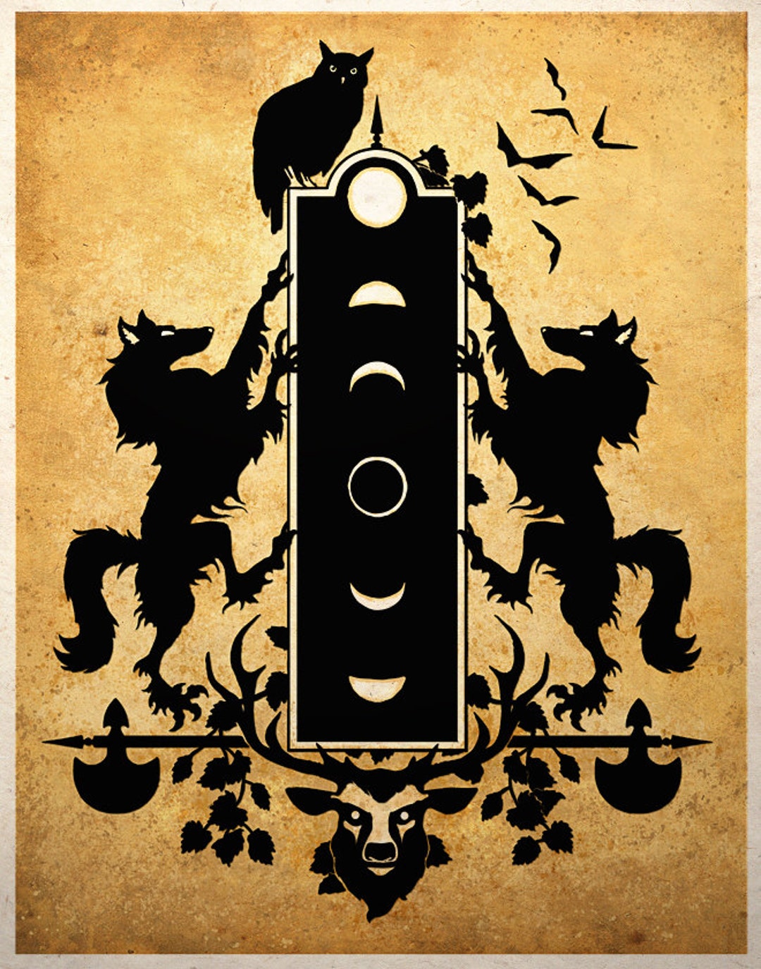 Moon Phases Wall Art Print Gothic Goth Decor Wolf Owl Stag Bats Lunar ...