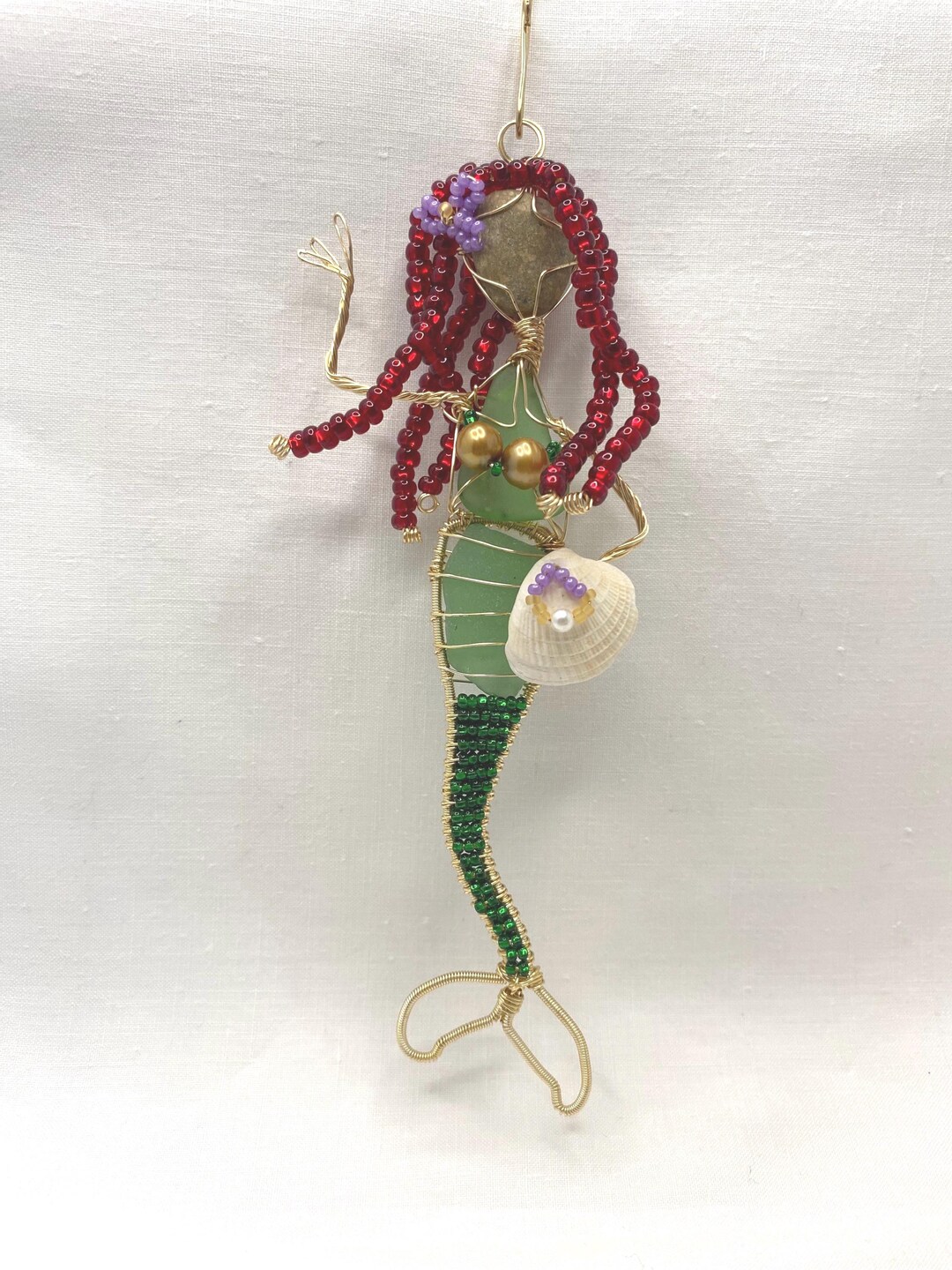 Sea Glass Mermaid, Emerald Green Sea Glass With Red Bead Hair, a Shell ...