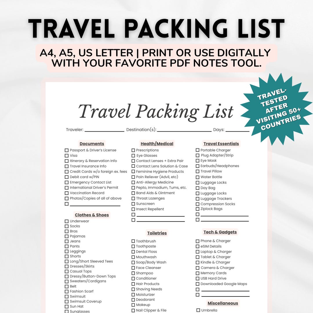 Printable Travel Packing List: Editable Vacation Checklist (PDF ...