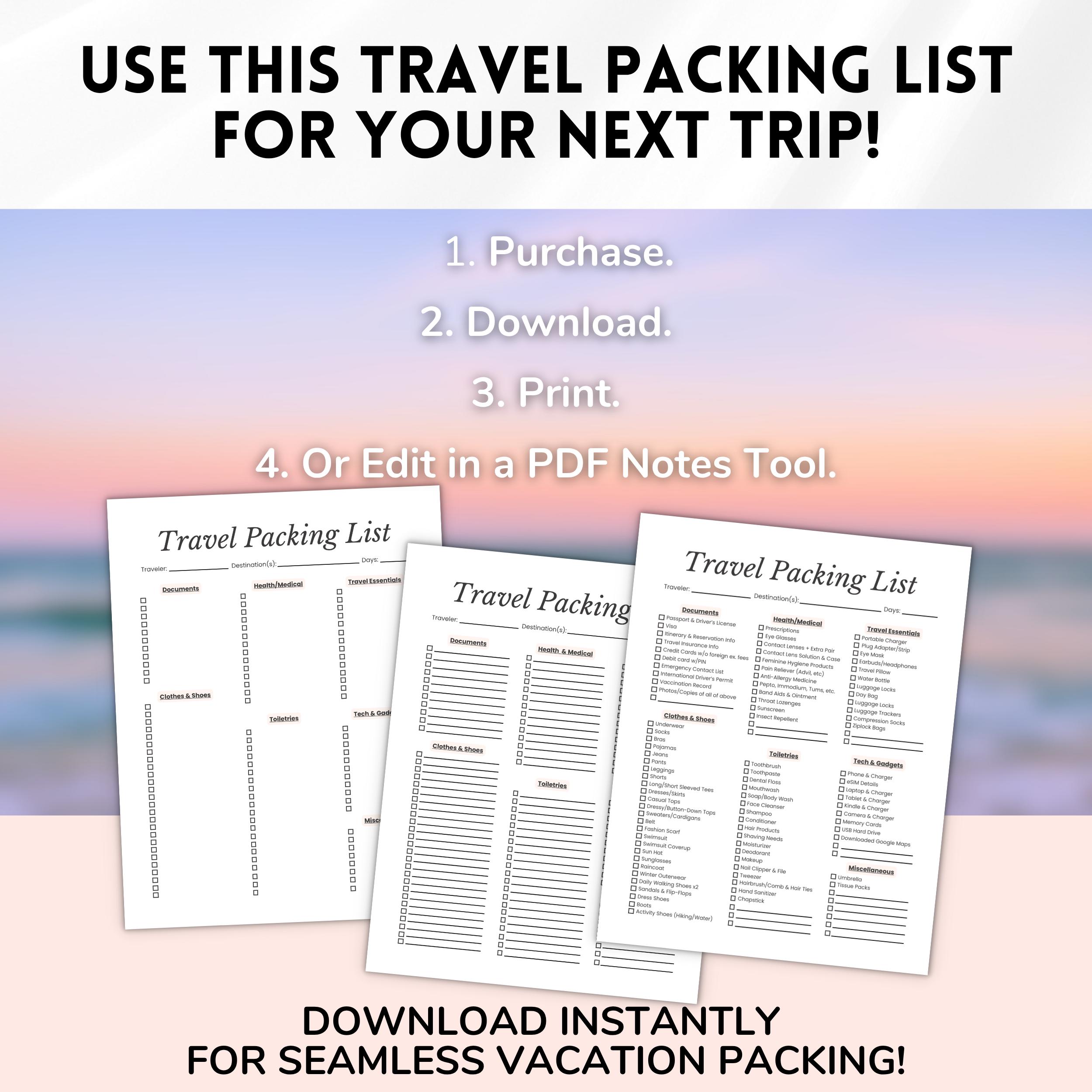 Printable Travel Packing List: Editable Vacation Checklist (PDF ...