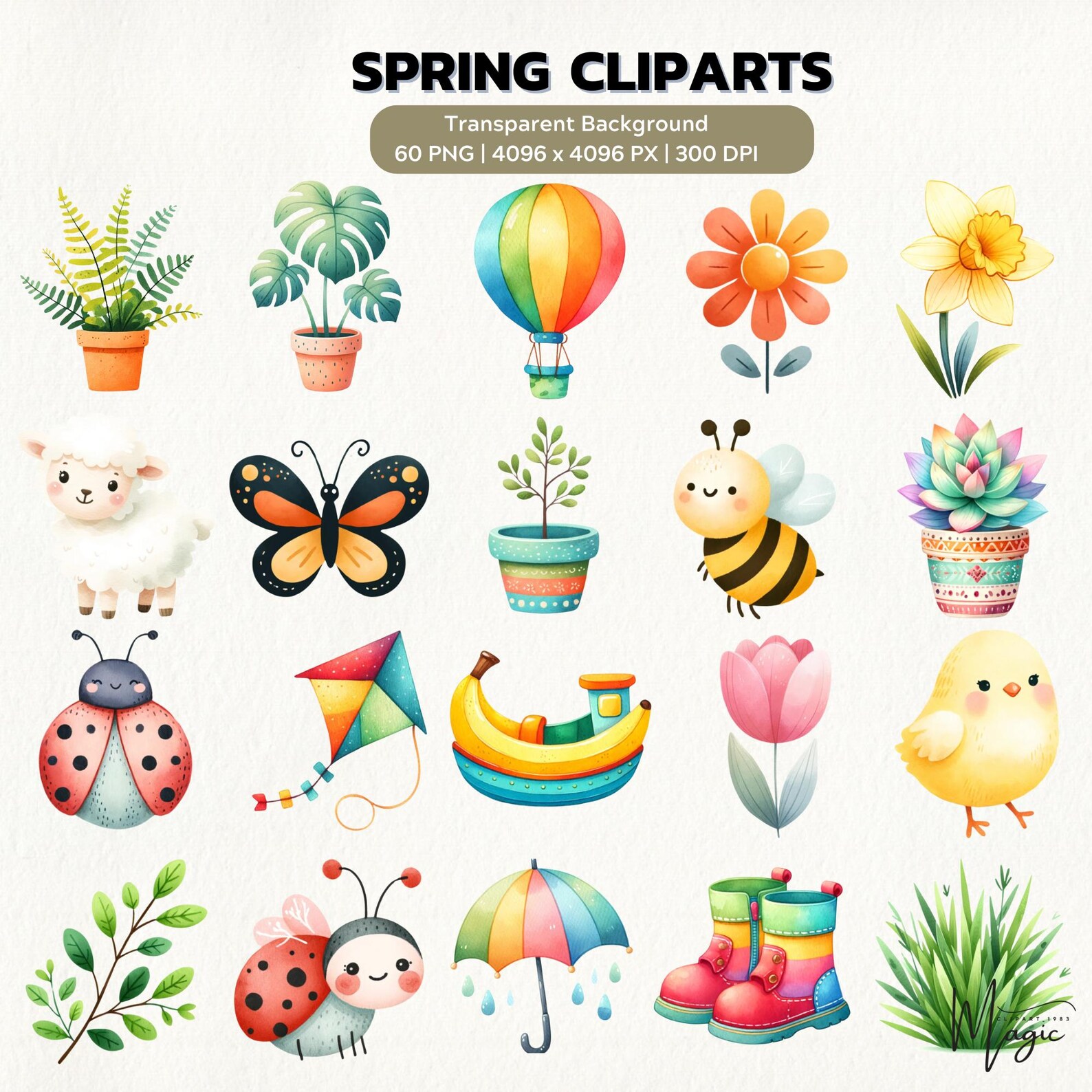 Cute Spring Watercolor Clipart, Happy Spring PNG, Spring Garden Clipart ...