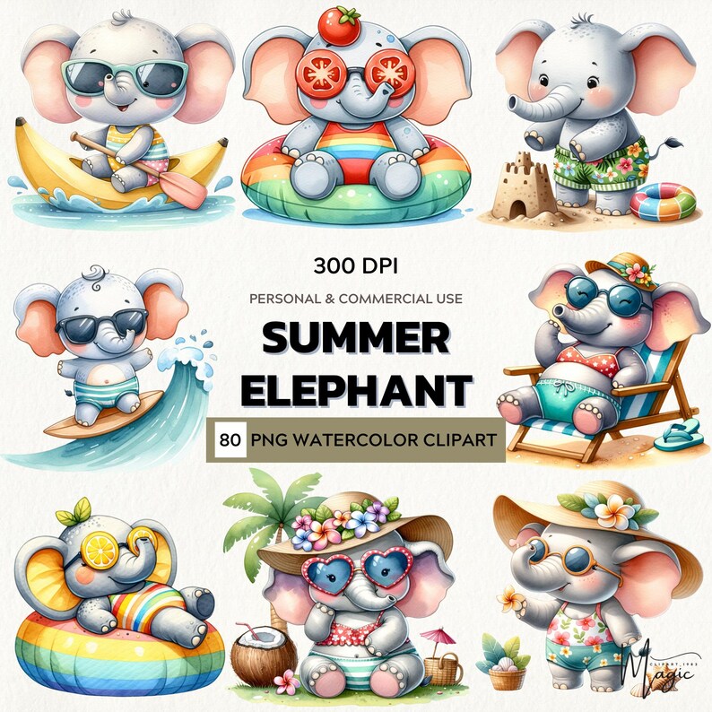 Joyful Sunshine – Watercolor Clipart Set of Cute Summer Elephants - Etsy