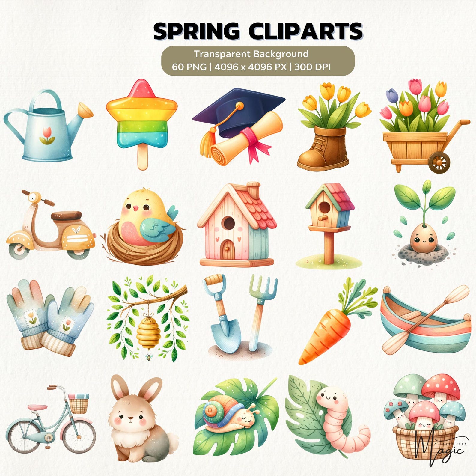 Cute Spring Watercolor Clipart, Happy Spring PNG, Spring Garden Clipart ...