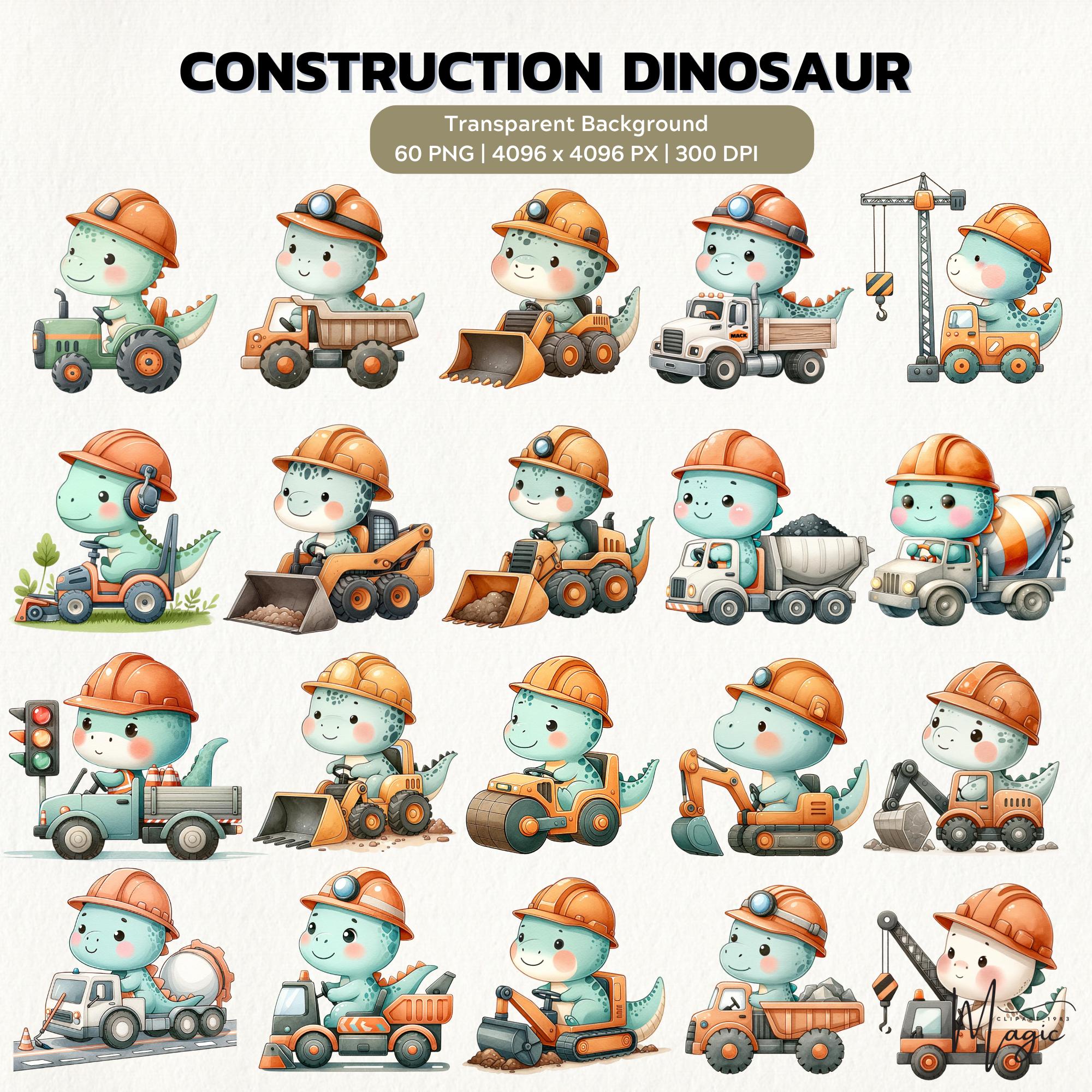 Cute Dinosaur Construction Watercolor Clipart, Dinosaur PNG, Dinosaur ...
