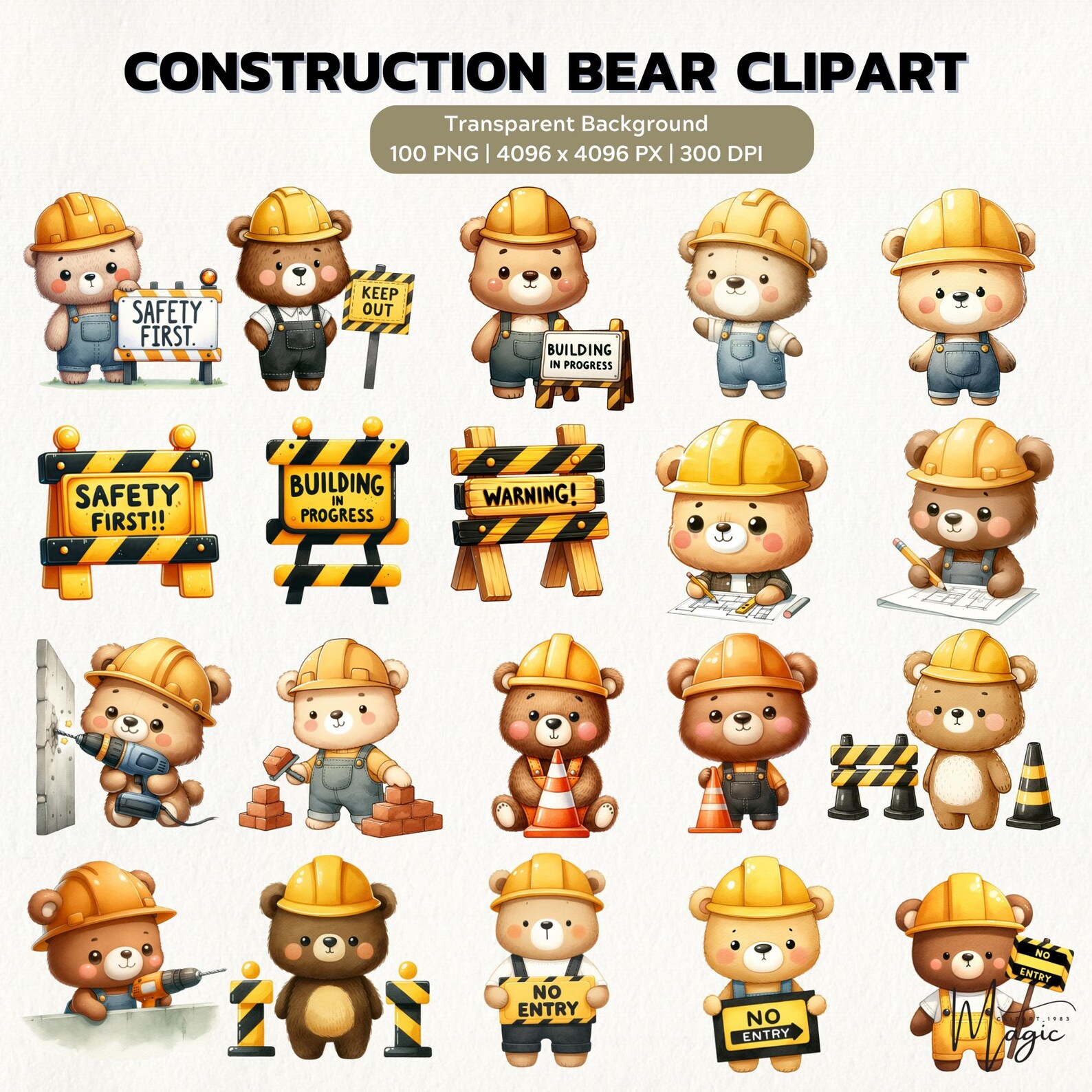 Cute Bear Construction Watercolor Clipart, Bear PNG, Bear Construct ...